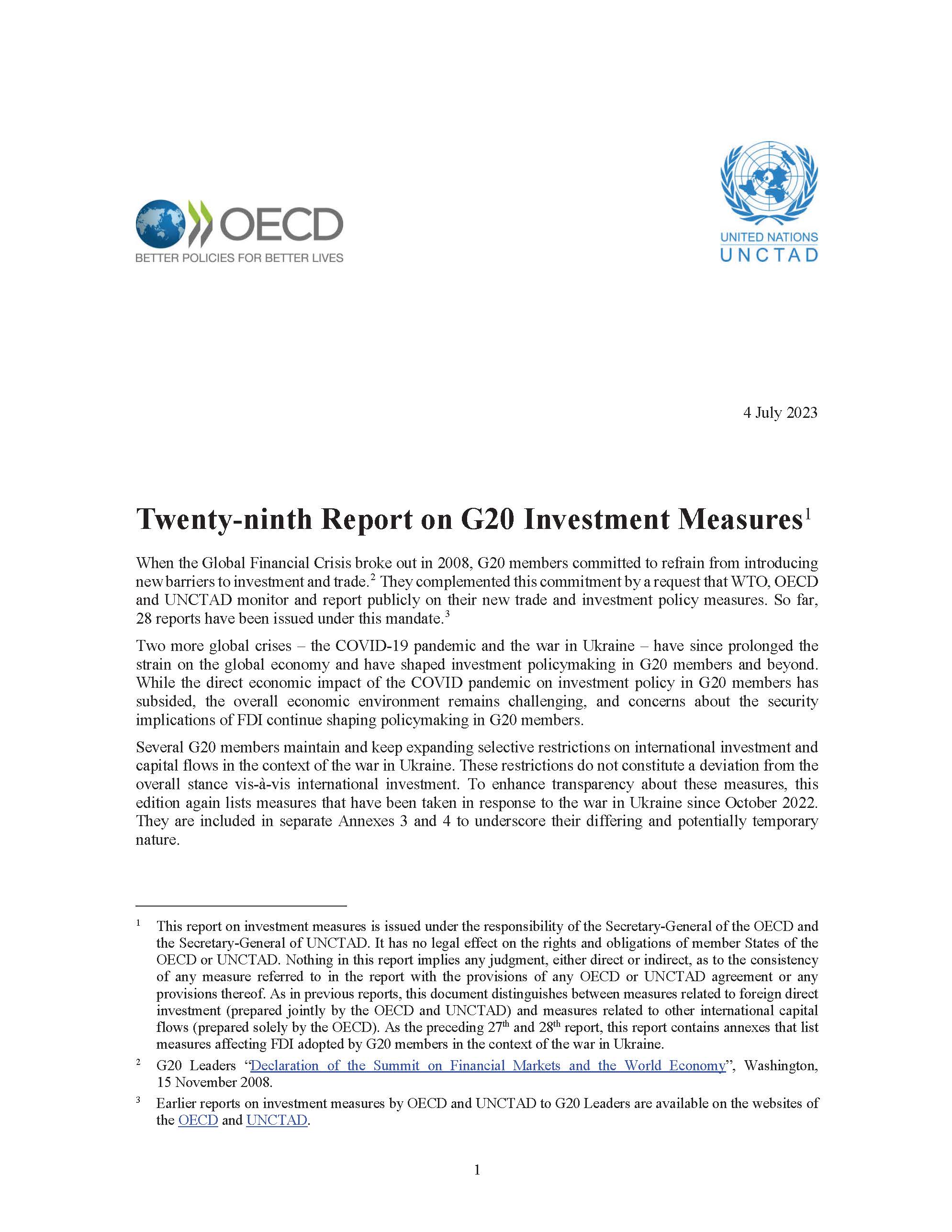 UNCTAD-OECD Report on G20 Investment Measures (29th report) | Publications | UNCTAD Investment ...